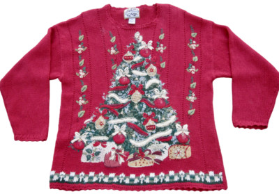VTG Ugly Red Christmas Sweater Embroidered Tree Womens XL Heirloom ...