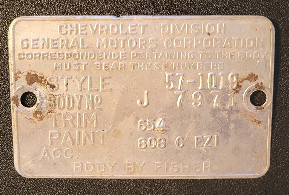 2 Original 1957 Chevrolet Cowl Data Tags 57-1019 Body By Fisher | eBay