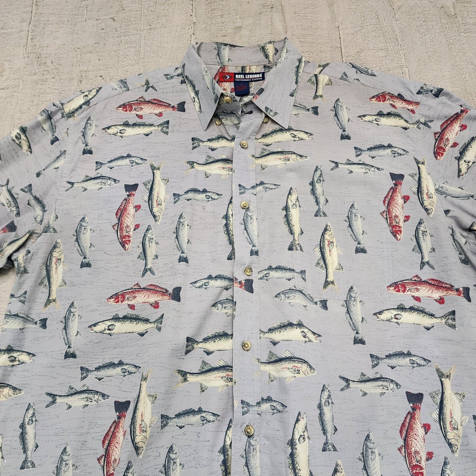 Reel Legends Mens Fishing Shirt Size XL Wooden Botton Down Hawaiian ...