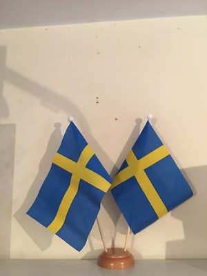 SWEDEN X2 TWIN TABLE FLAG SET with WOODEN BASE 9"X6" FLAGS | eBay