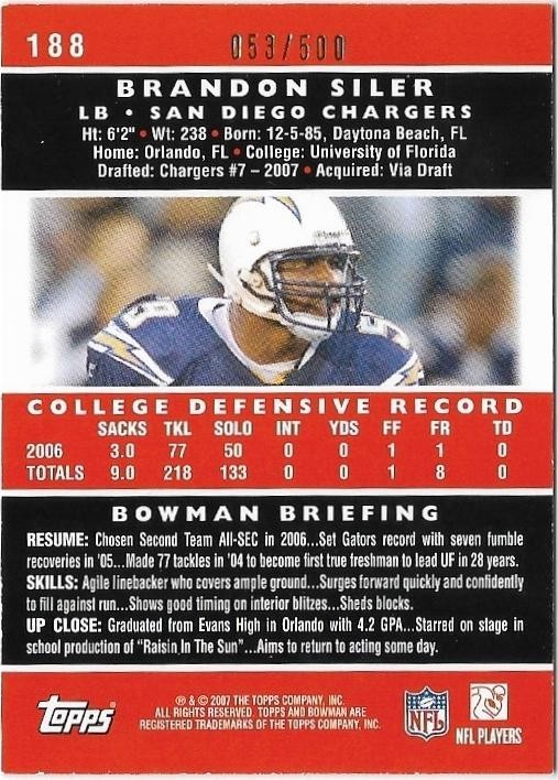 BRANDON SILER 2007 Bowman Blue 53/500 RC #188 Chargers Florida Gators 🔥 ...