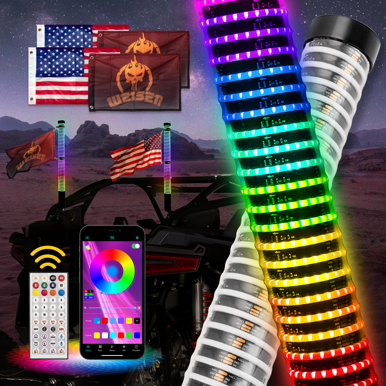 2x 2FT COB Thick LED Whip Spiral Chasing RGB Fat Whip Lights For Can Am ...