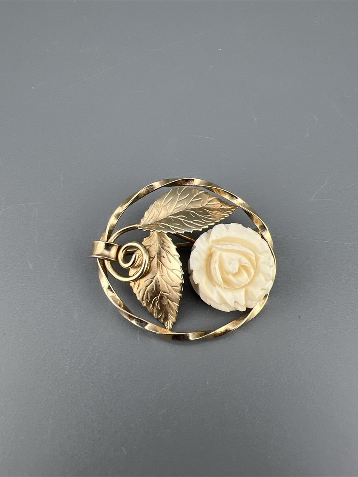 Vintage Brooch Pin White Carved Celluloid Rose Flower 14k Gold Filled ...