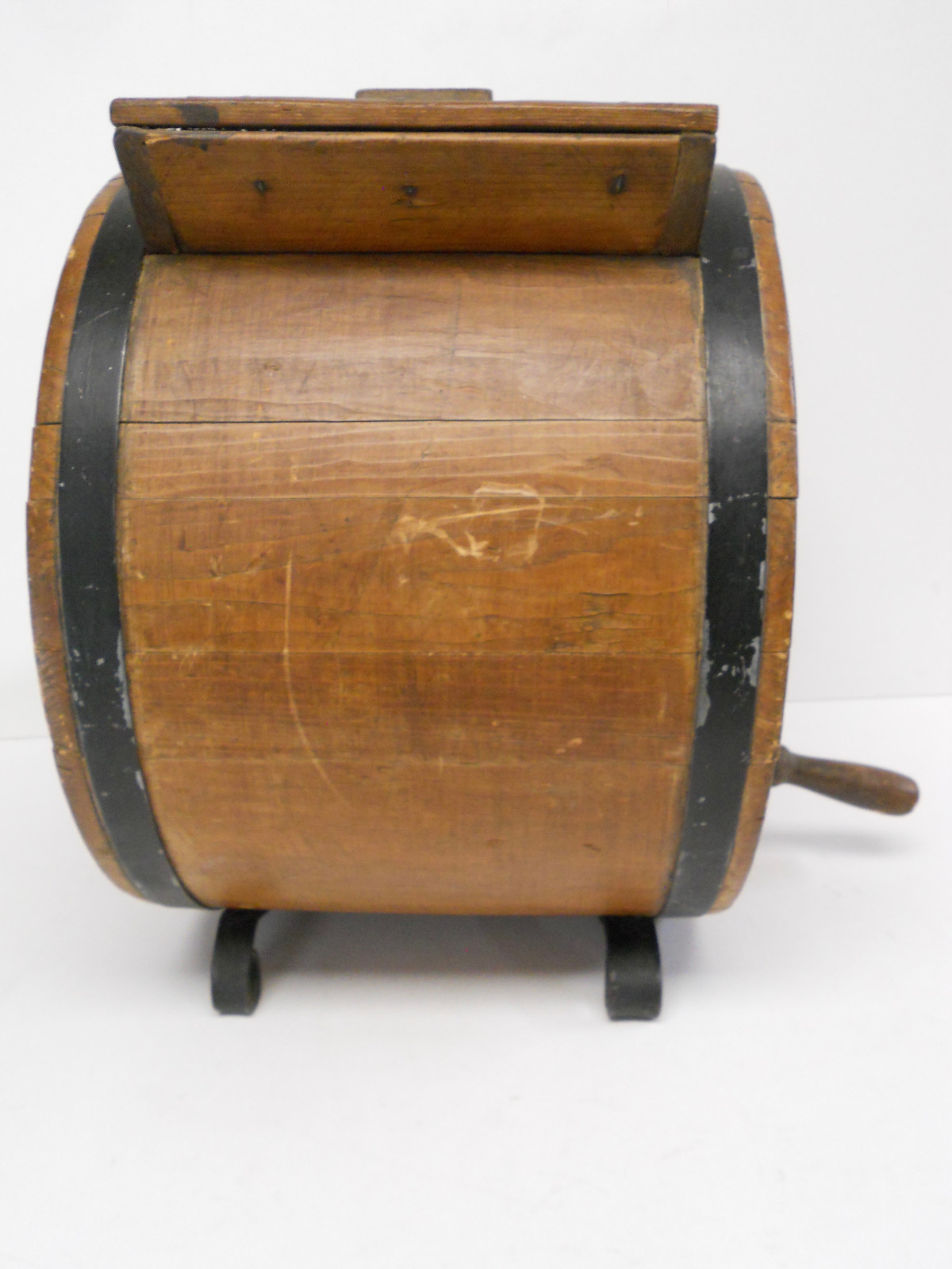Antique RCW Richmond Cedar Works 15" Wood Barrel Butter Churn IRON FEET ...