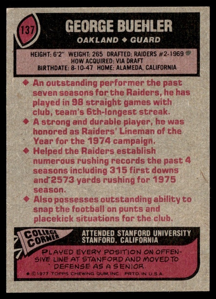 1977 Topps George Buehler Oakland Raiders #137 | eBay