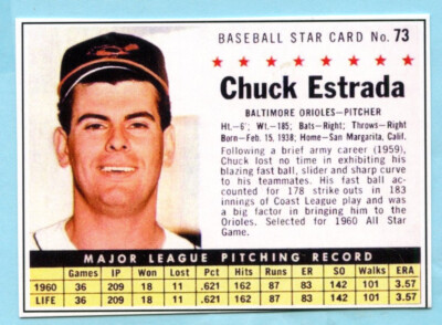 2022-1961 Cereal Card - #73 Chuck Estrada- Baltimore Orioles | eBay