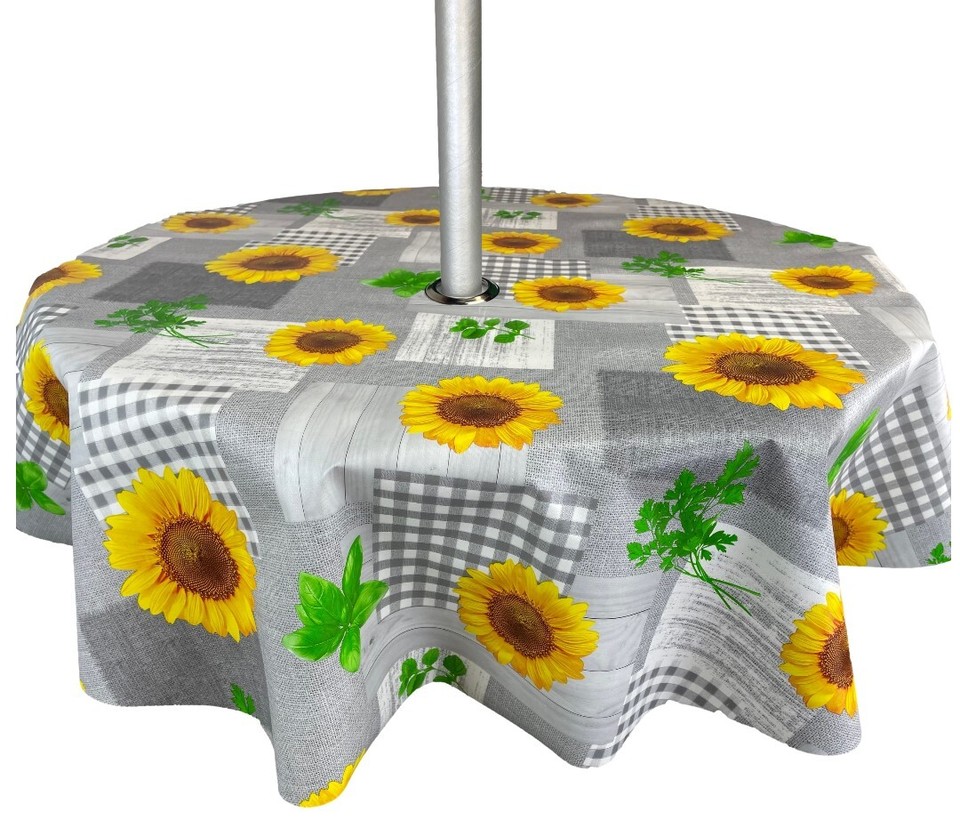 ROUND 140cm WIPE CLEAN Garden TABLECLOTH with PARASOL HOLE Outdoors PVC ...