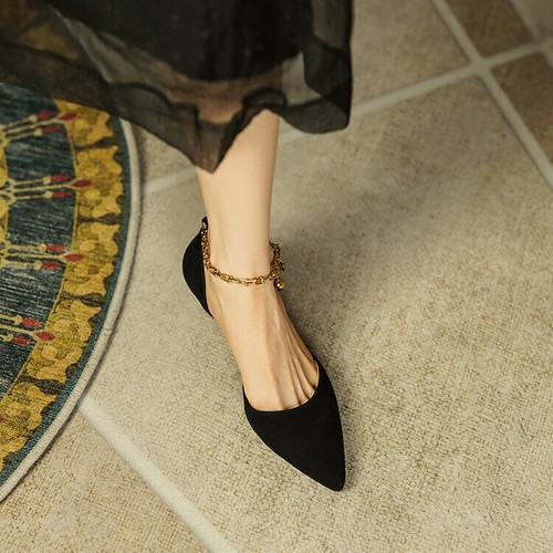 Women's Pointed Toe Kitten Elegant Fake Suede Sandals Metal Chain Black ...