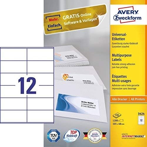 Avery Zweckform 3424 Universal Labels 105 x 48 mm 100 Sheets White ...