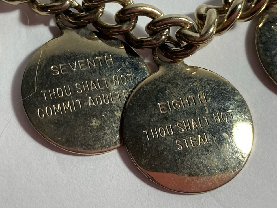 Vintage 10 Commandments Charm Bracelet Religious Biblical GoldTone 7 ...