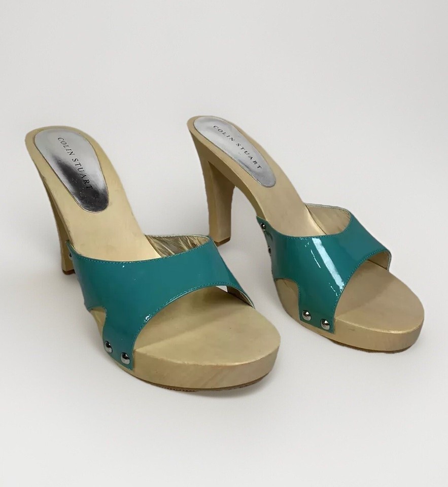 NEW Colin Stuart Wooden Heels Sandals Shoes Slip On Clogs Teal 7M ...