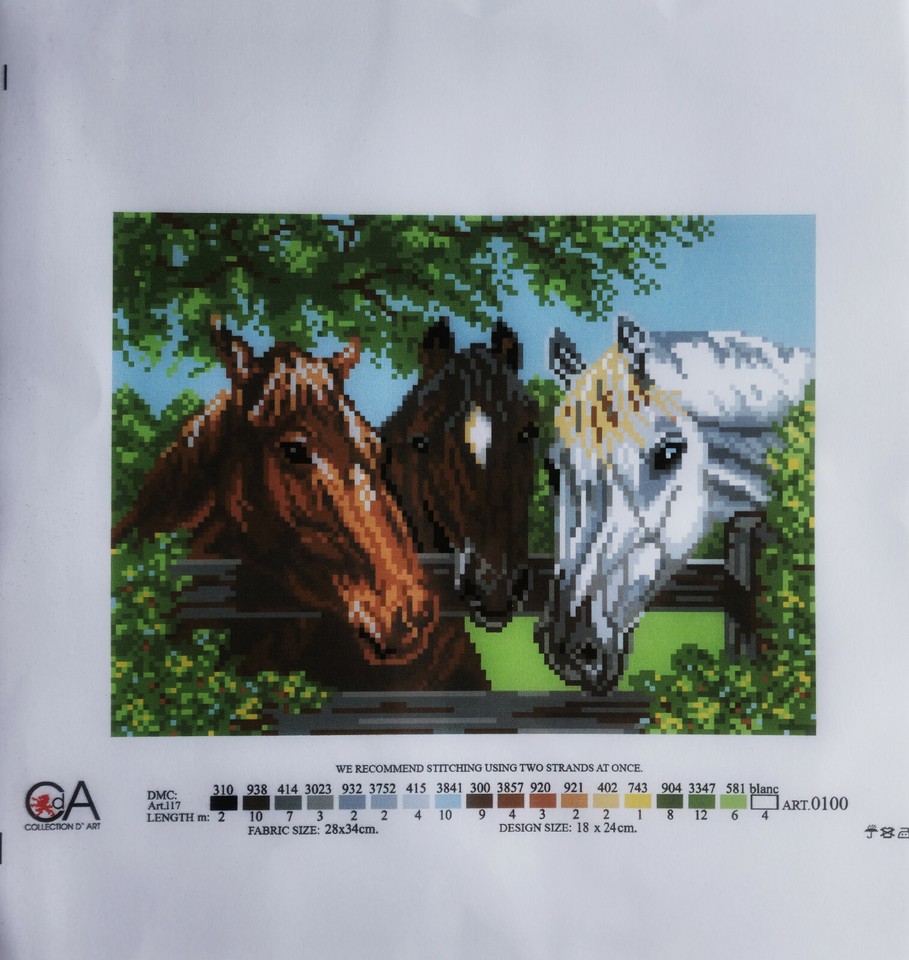 Cross stitch painted AIDA canvas tapestry PA0100 Three Horses 11"x15 ...