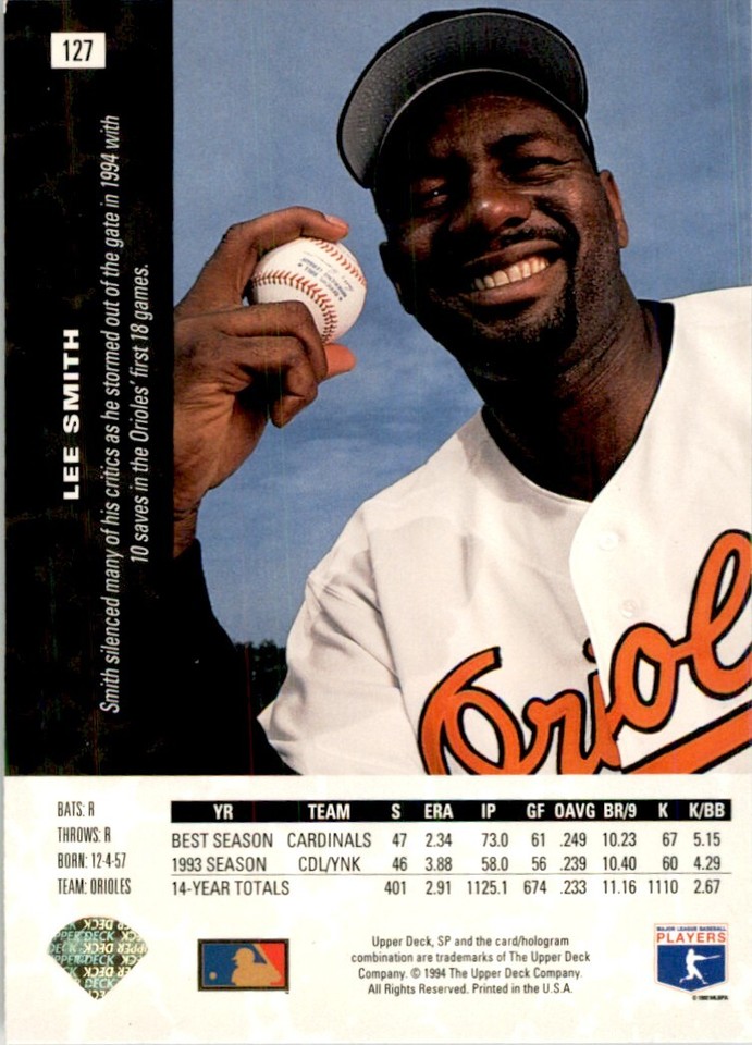1994 UPPER DECK SP LEE SMITH BALTIMORE ORIOLES #127 | eBay