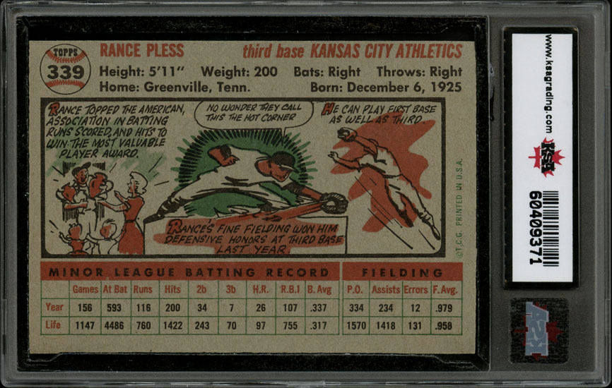 1956 TOPPS #339 RANCE PLESS KSA 8.5 PACK FRESH RAZOR SHARP VERY ...
