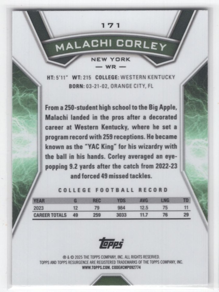 #171 2024 Topps Resurgence Base Malachi Corley Rookie New York Jets | eBay