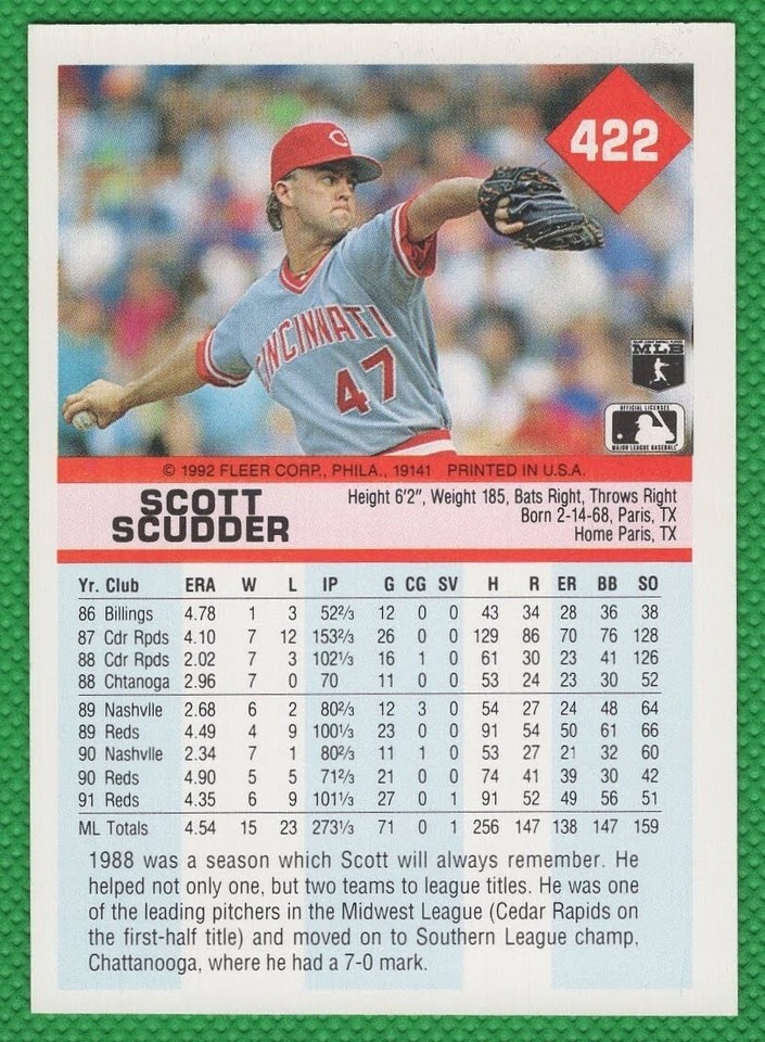 Scott Scudder - 1992 Fleer #422 - Cincinnati Reds Baseball Card | eBay