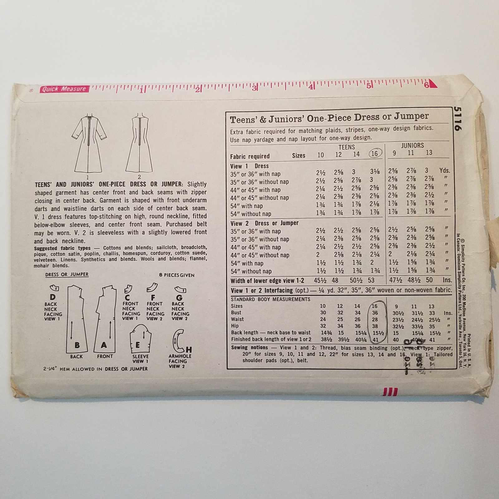 Vintage Simplicity 5116 Dress Sewing Pattern Teen 16 Bust 36 1960s ...