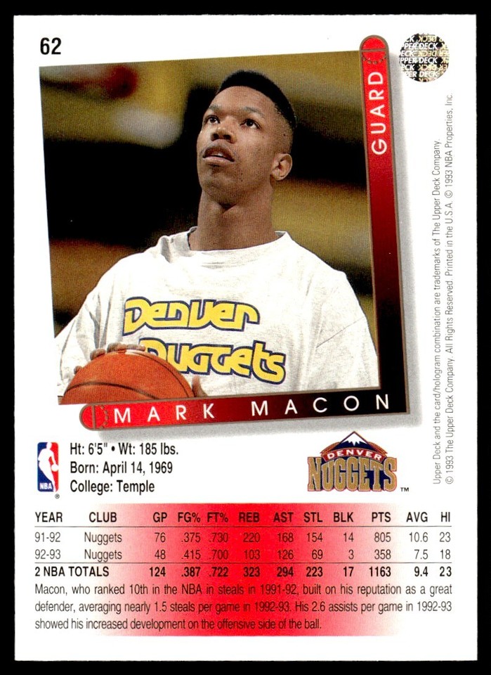 1993 Upper Deck #62 Mark Macon - Denver Nuggets | eBay