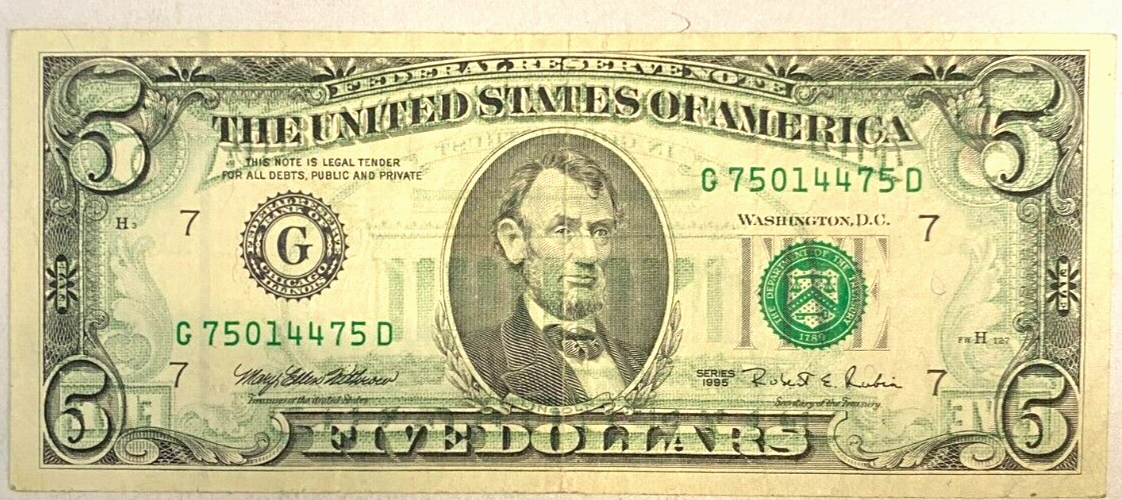 UNITED STATES 1995 FIVE 5 DOLLARS FULL WET INK TRANSFER OBVE ERROR ...