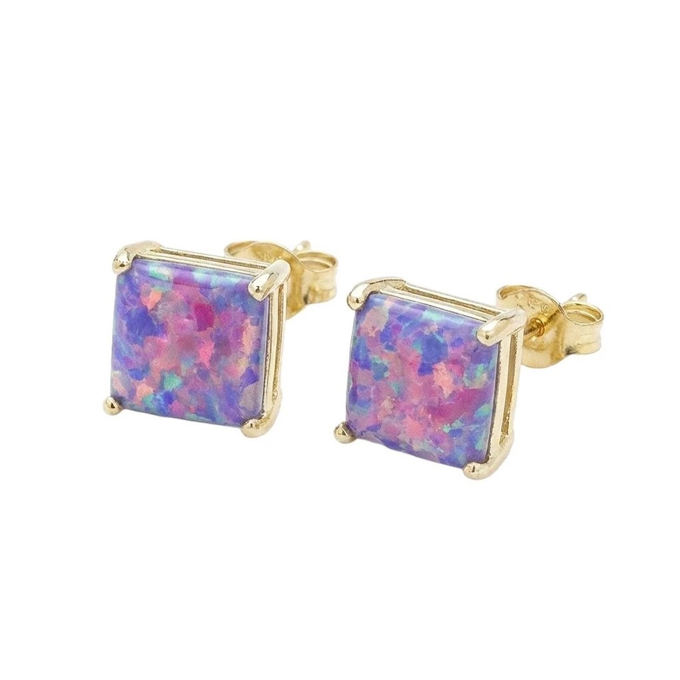 14K Solid Gold Square Lab Created Opal Stud Earrings Fire Push Back All ...