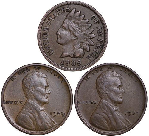(3 PC. SET) 1909 , 1909 V.D.B. , 1909 Indian and Wheat Cent Penny Lot ...