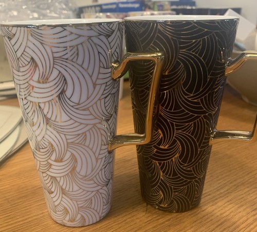 2 x Fox & Ivy SOHO Tall Latte/Coffee Mugs White & black - Gold Swirls ...