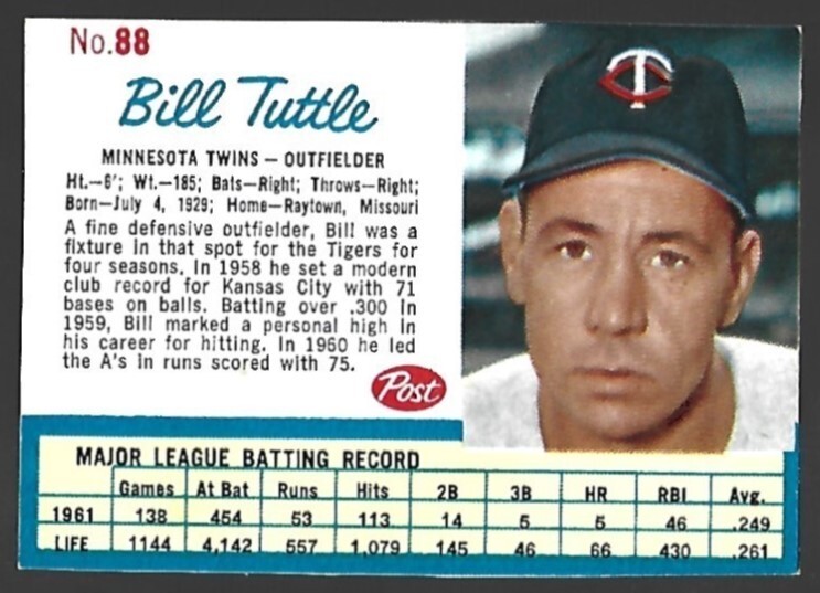 1962 Post Cereal #88 Bill Tuttle - Minnesota Twins - EX-MT/NR MT | eBay