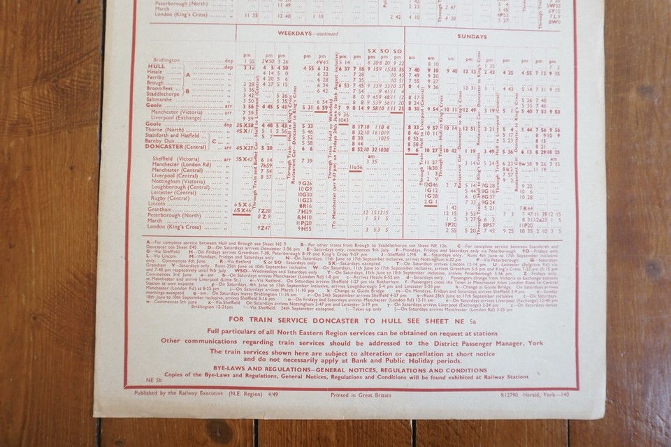 1949 British Rail Railway Timetable Poster Hull Doncaster North Eastern ...