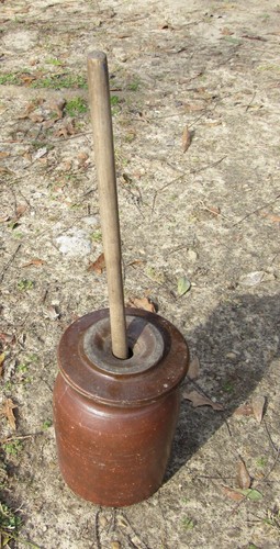 Vintage Butter Churn Stoneware Pottery 9" Wood Dasher Primative Brown ...