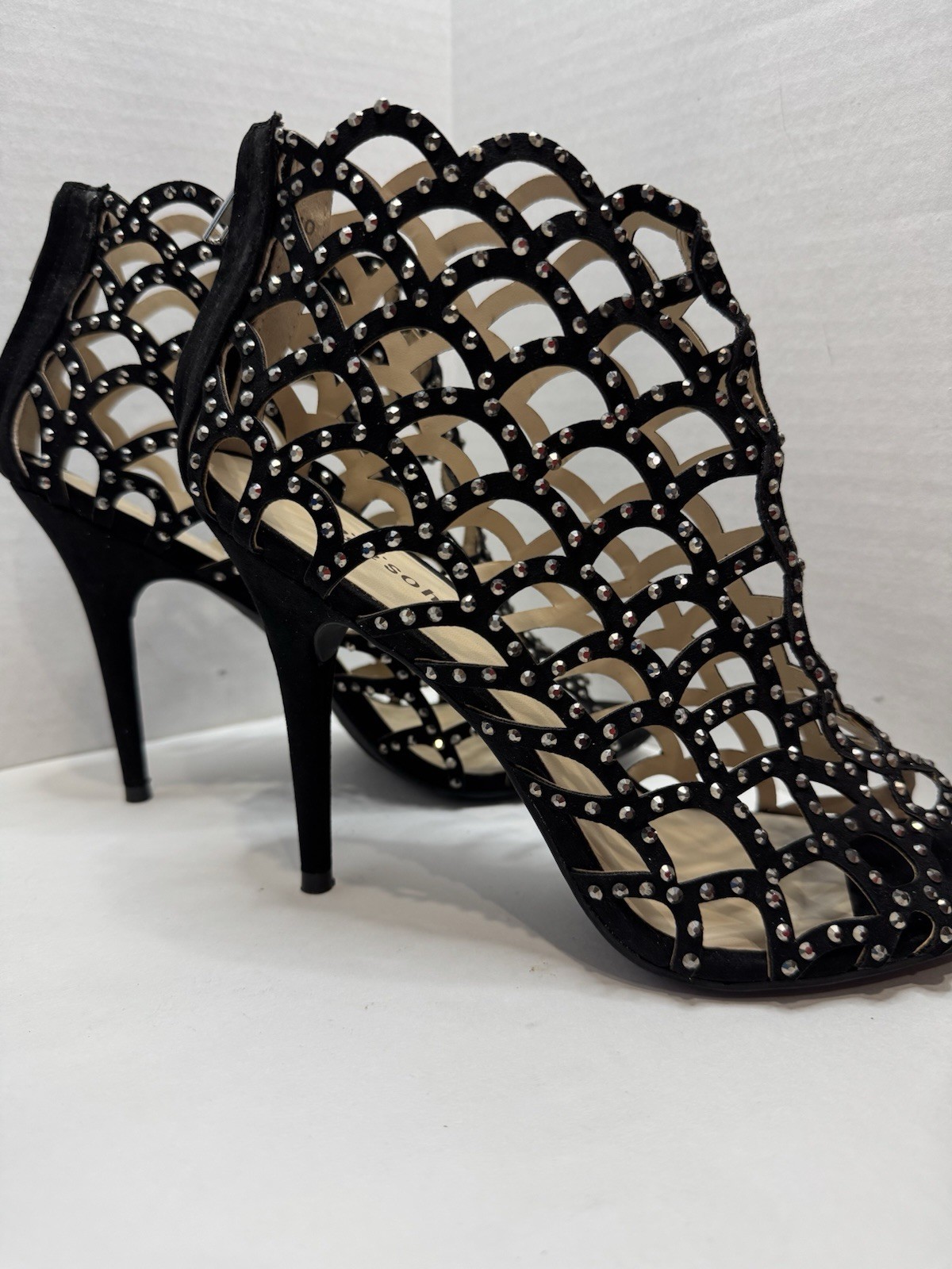 Zigi Soho Womens Suede Rhinestone Cutout Caged Peep Toe Heels Black ...