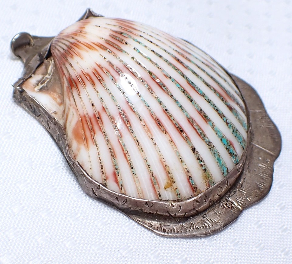 OLD Southwestern Sterling Silver & Shell Pendant INLAID TURQUOISE ...