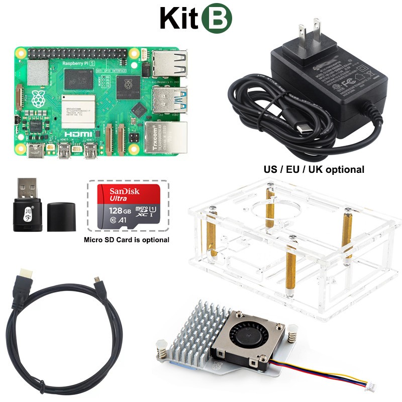 Raspberry Pi 5 Transparent Shell Coo Fan DIY Kit 4GB 8/16GB 2.4GHz Quad ...