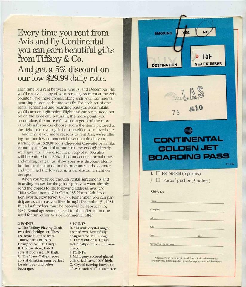 Continental Airlines / Avis Ticket Jacket & Golden Jet Boarding Pass ...