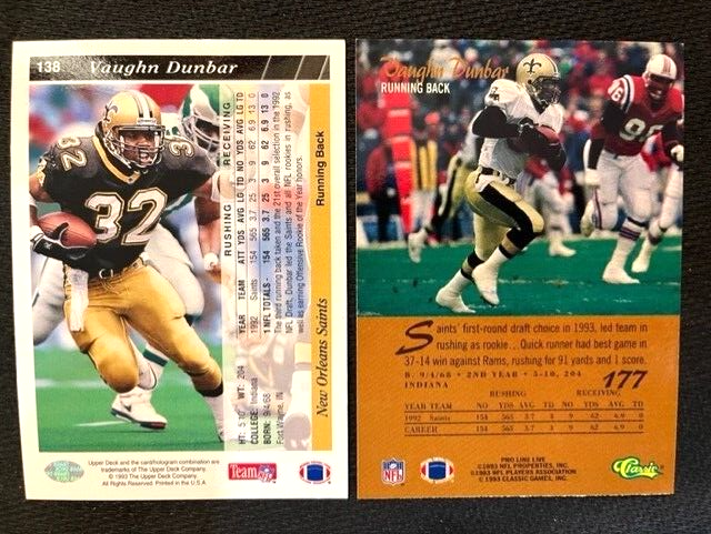 NFL - Vaughn Dunbar 1993 Upper Deck & 1993 Classic Proline Live ...