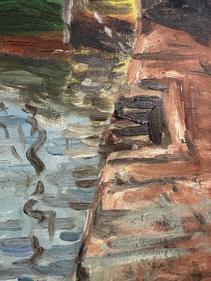 Old Oil On Canvas Signed Close To Pointillism: Boats In A Port | eBay UK