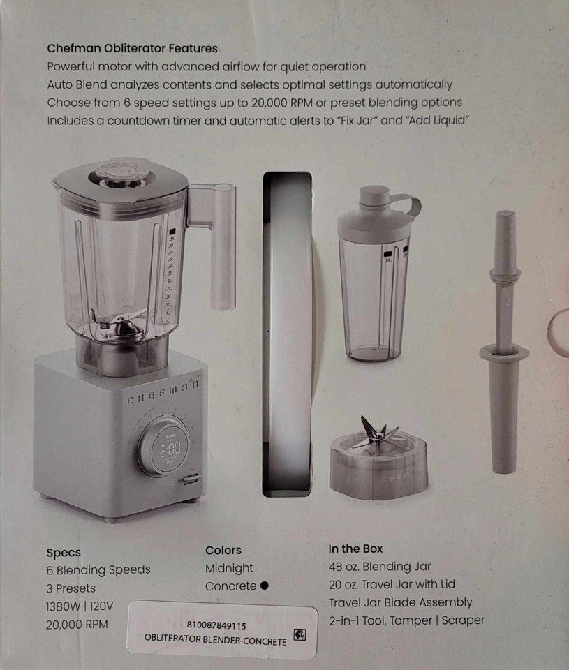 Chefman Obliterator 1380W Countertop Blender RJ27-T1-TJ-CONCRETE **NEW ...