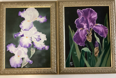 Set of 2 still life Irises original watercolor PAINTING on canvas ...
