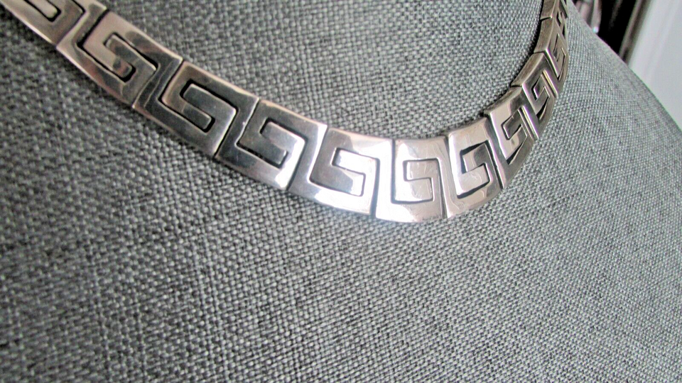 STERLING Silver Graduated Greek Key LINK Choker NECKLACE 16" Mexico ...