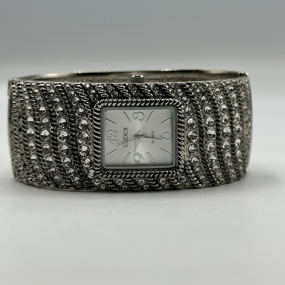 Studio Time Watch Women Silver Wide Clamper Band Rhinestones New ...