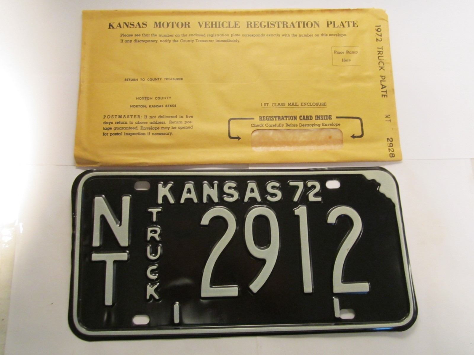 *Unused* LICENSE PLATE Truck Tag 1972 KANSAS NT 2912 Norton County ...