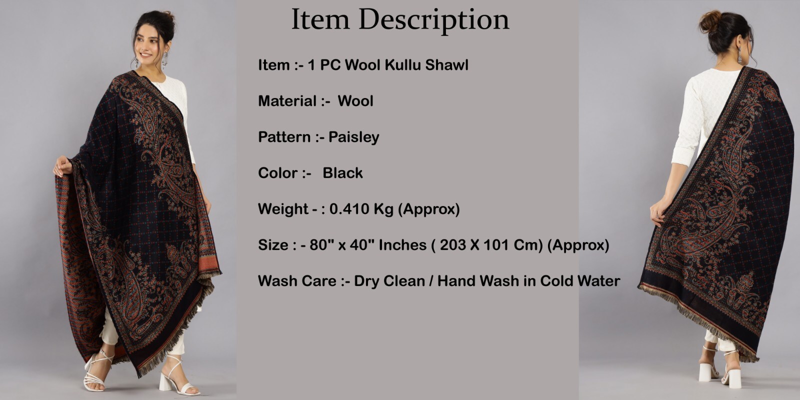 Womens Oversize 100% Cashmere Indian Wool Blanket Shawl Wrap Black ...