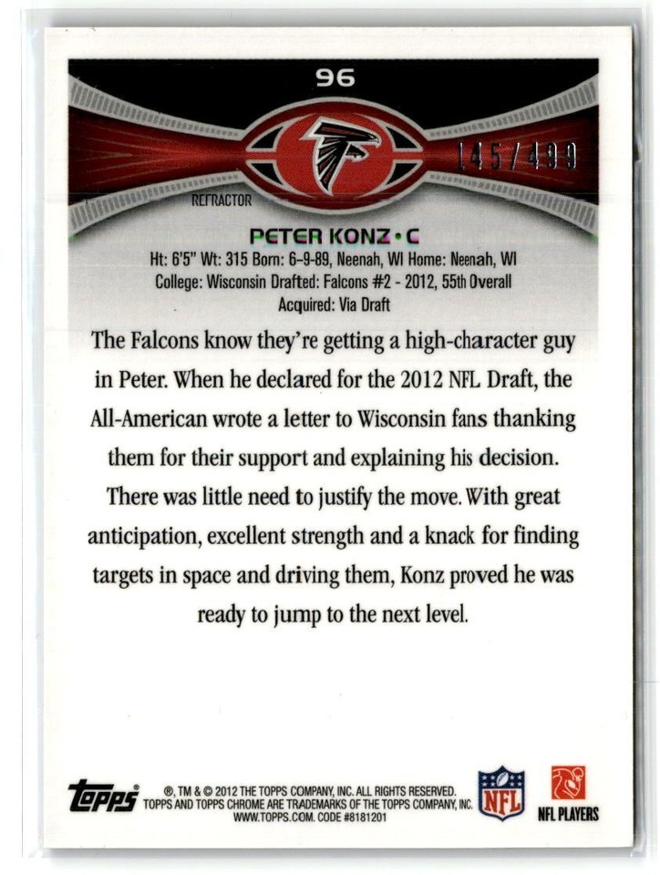 Peter Konz SN Atlanta Falcons 2012 Topps Chrome Purple Refractors #96 ...