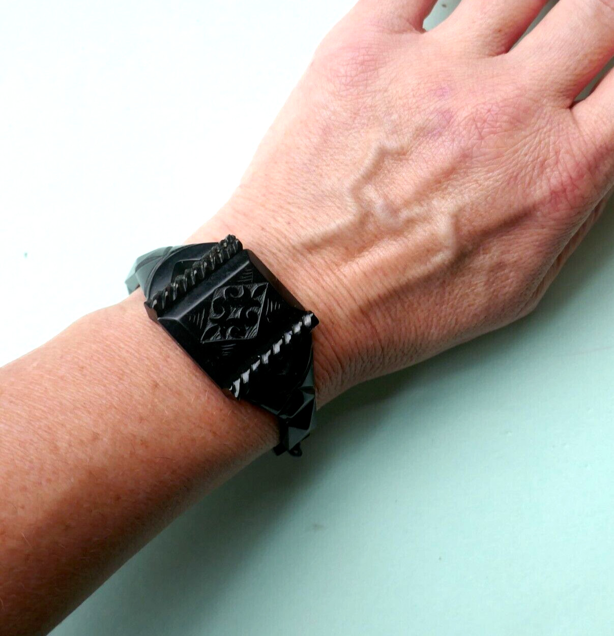 ANTIQUE Victorian WHITBY JET Carved Panel Bead MOURNI… - Gem