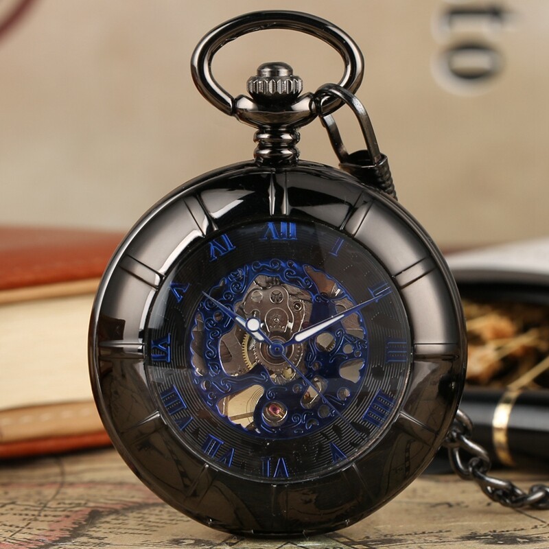 Men's Pocket Watch Mechanical Black Case Pendant Chain Hand-winding ...