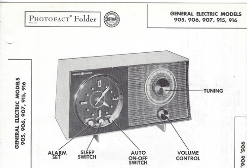 1956 GE GENERAL ELECTRIC 905 906 Tube CLOCK RADIO Photofact MANUAL 907 ...