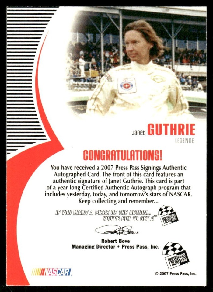 F819 JANET GUTHRIE 2007 PRESS PASS SIGNINGS NASCAR RARE ON CARD ...