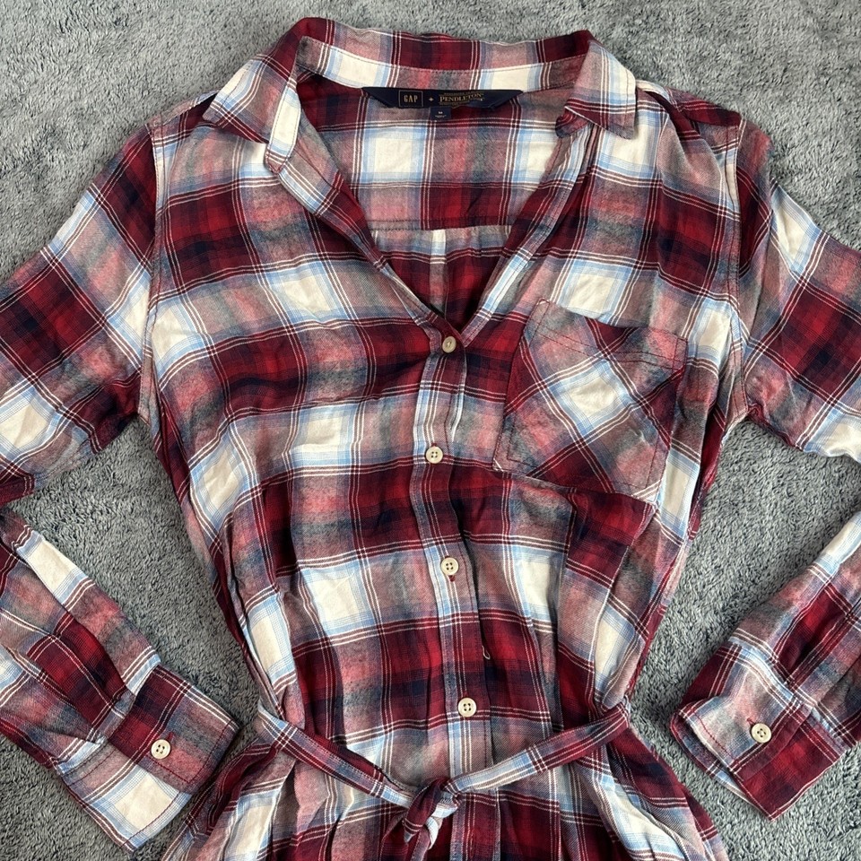 Gap Pendleton Plaid Shirtdress Size Medium Red Long Sleeve Belted ...
