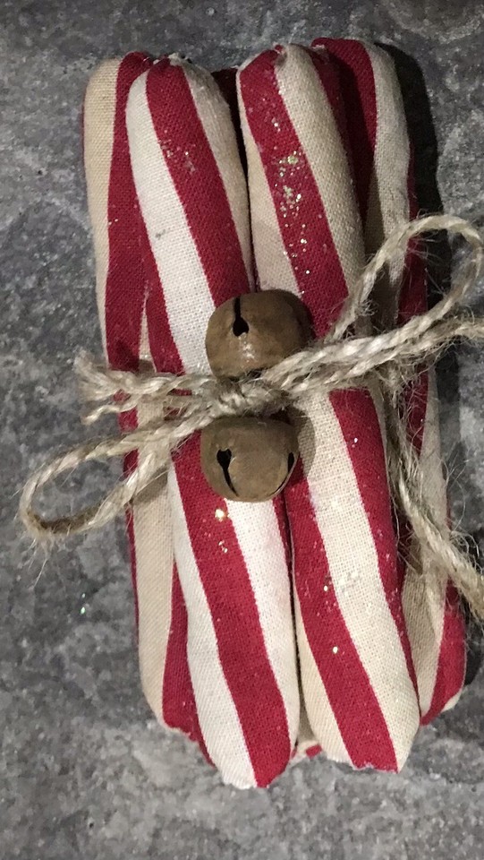 Five Primitive Rustic Peppermint Sticks Jute String Rusty Bells Grubby ...