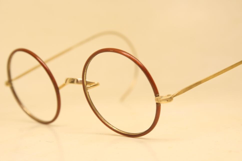 Antique Round Windsor Eyeglasses Gold Brown Vintage G… - Gem