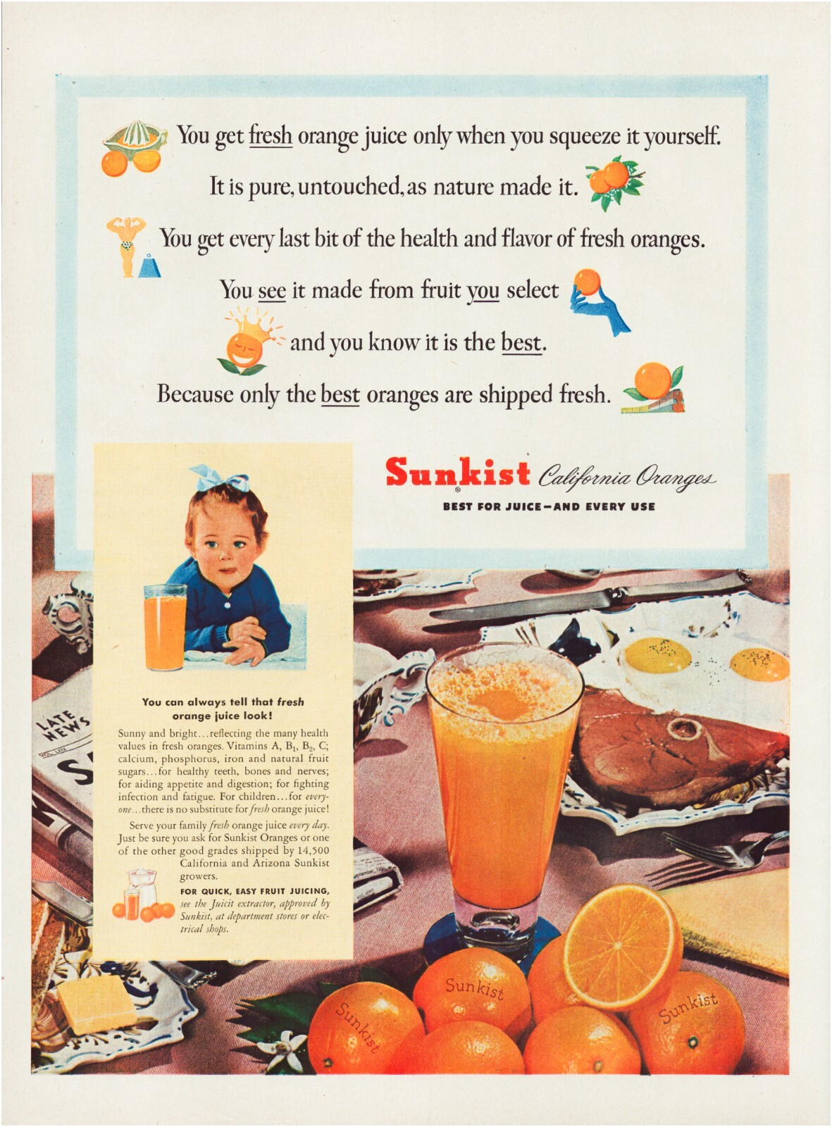 Sunkist Oranges 1950 Juice California Print Ad 10.5 x 13.5 | eBay